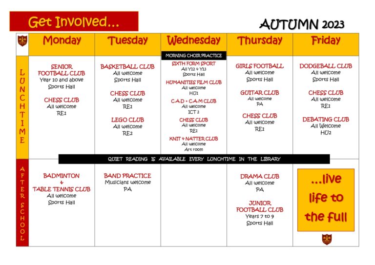 Extra Curricular Timetable - St Peter and St Paul Catholic Voluntary ...